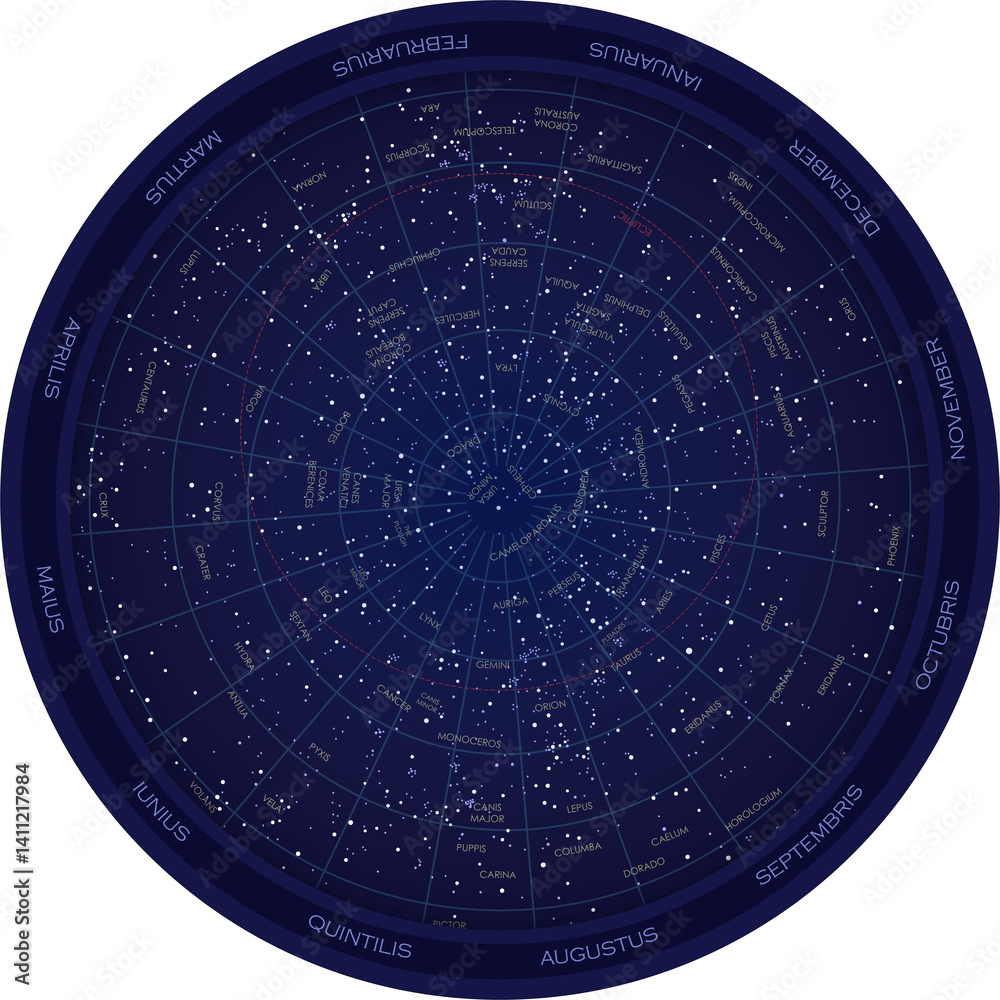 round Planisphere chart of stars, astronomy of the northern hemisphere ...