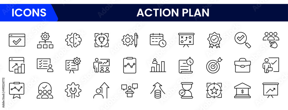 Action plan icon set. Containing planning, schedule, strategy, analysis ...