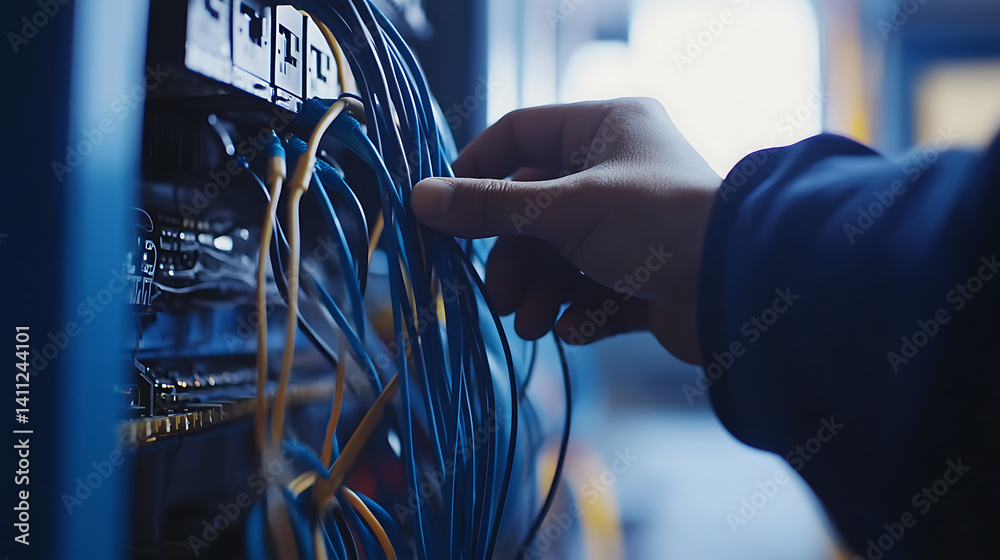 Electrician installing electrical wiring in a factory. Featuring ...