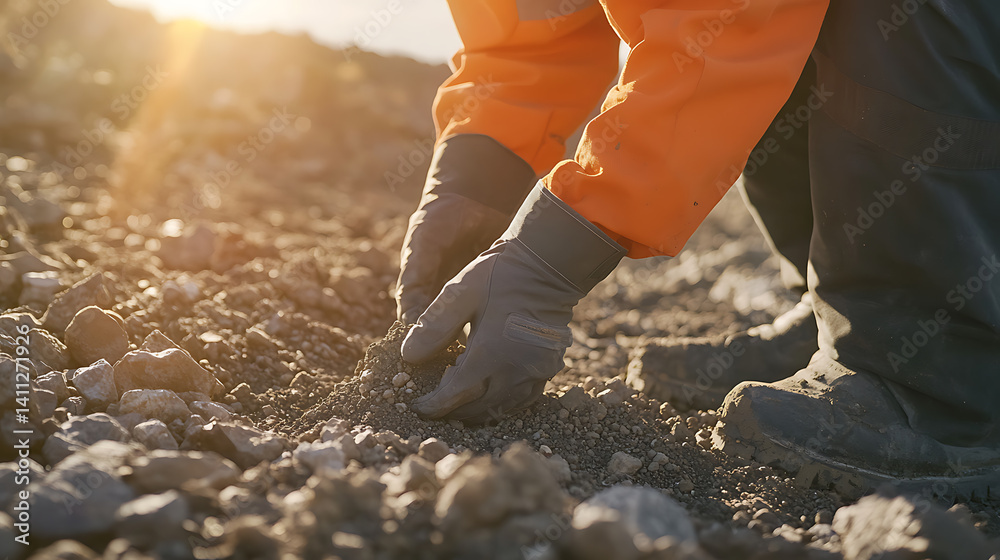 Geologist collecting soil samples from a remote mining site under the ...