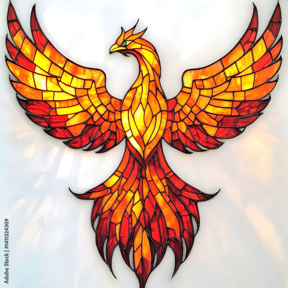 Phoenix's Ascent: A stained-glass phoenix bursts with vibrant colors ...