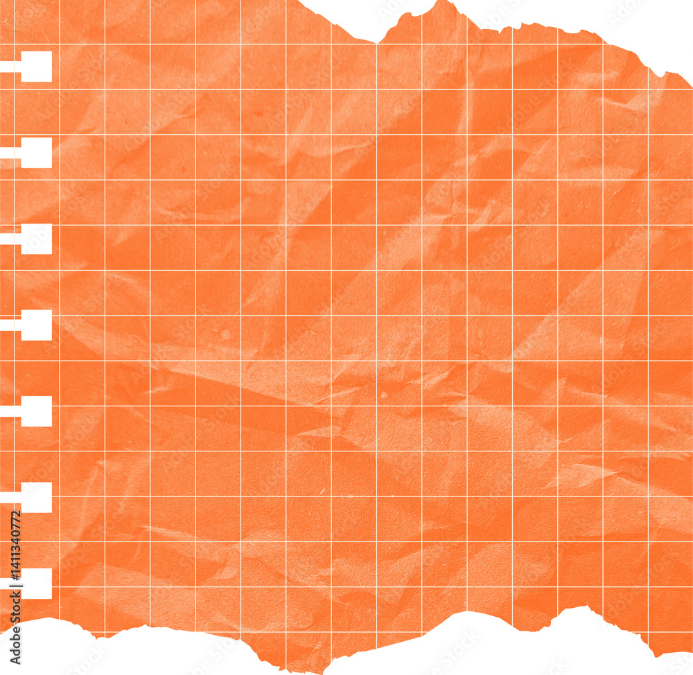 Crumpled orange torn ripped notepaper sheet with grid pattern texture ...