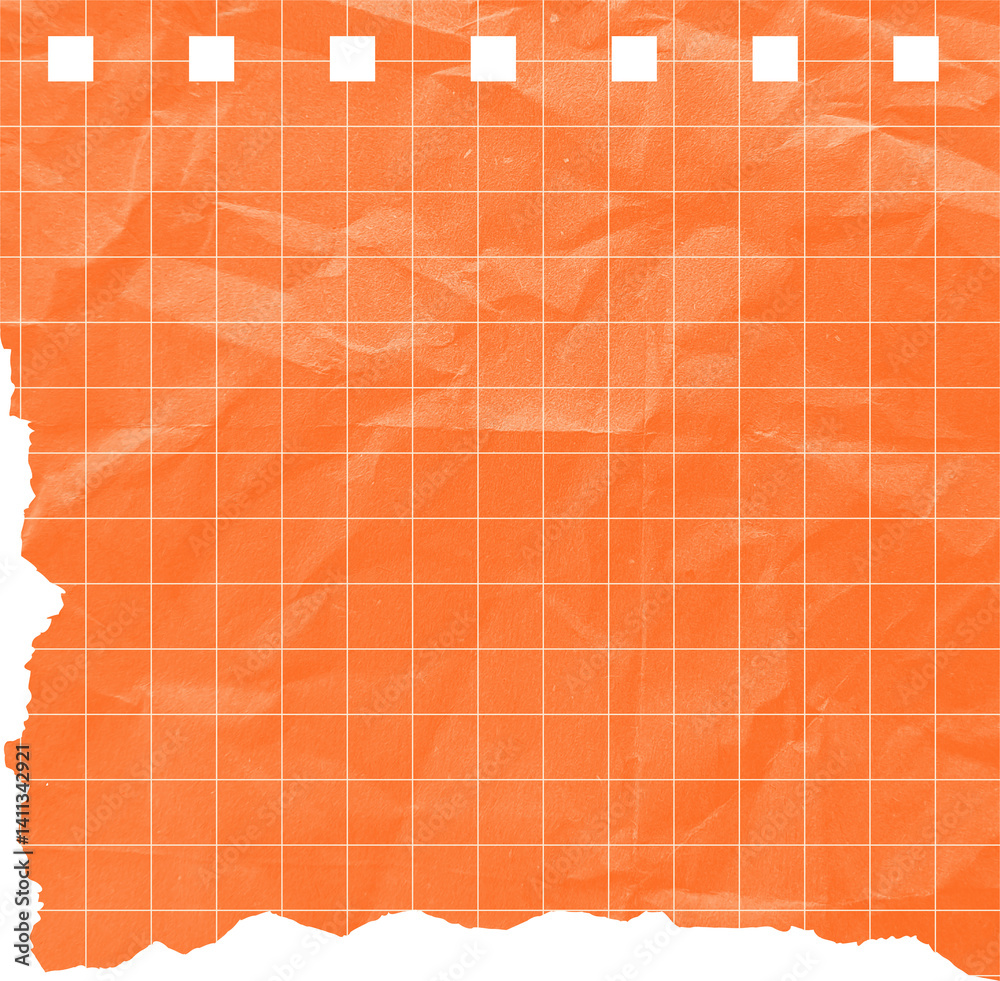 Crumpled orange torn ripped notepaper sheet with grid pattern texture ...