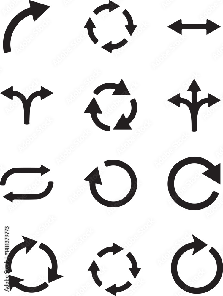 Collection of black arrow icons including curved, circular, bidirectional, and recycling symbols ...