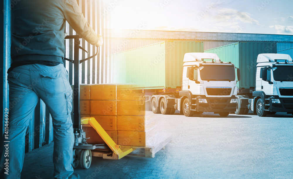Double Exposure of Logistics Transport Concept. Workers Loading a ...