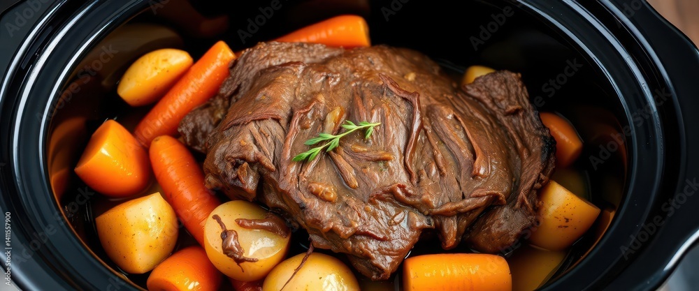 Tender, fall-apart pot roast in slow cooker with carrots and potatoes ...