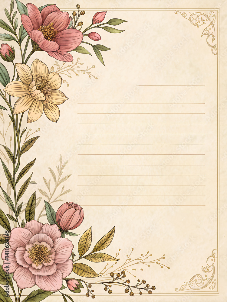 Victorian-style hand-drawn flowers along the left and right sides ...