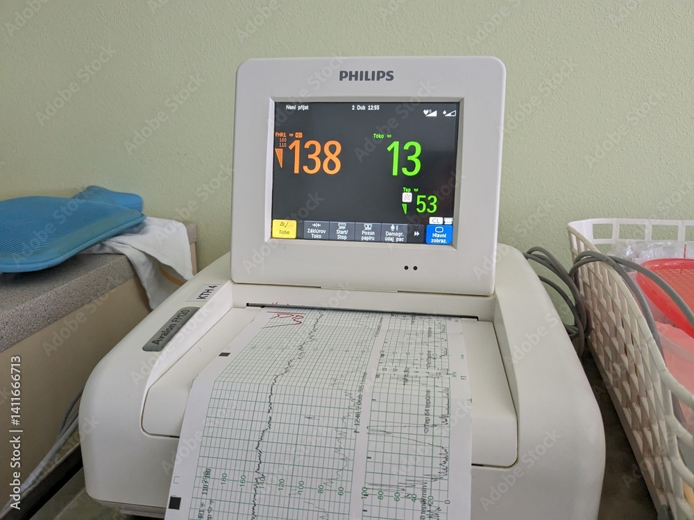 Foto de Stock Prague,Czech Republic-April 8 2025: Philips EKG monitor recording fetal heart rate ...
