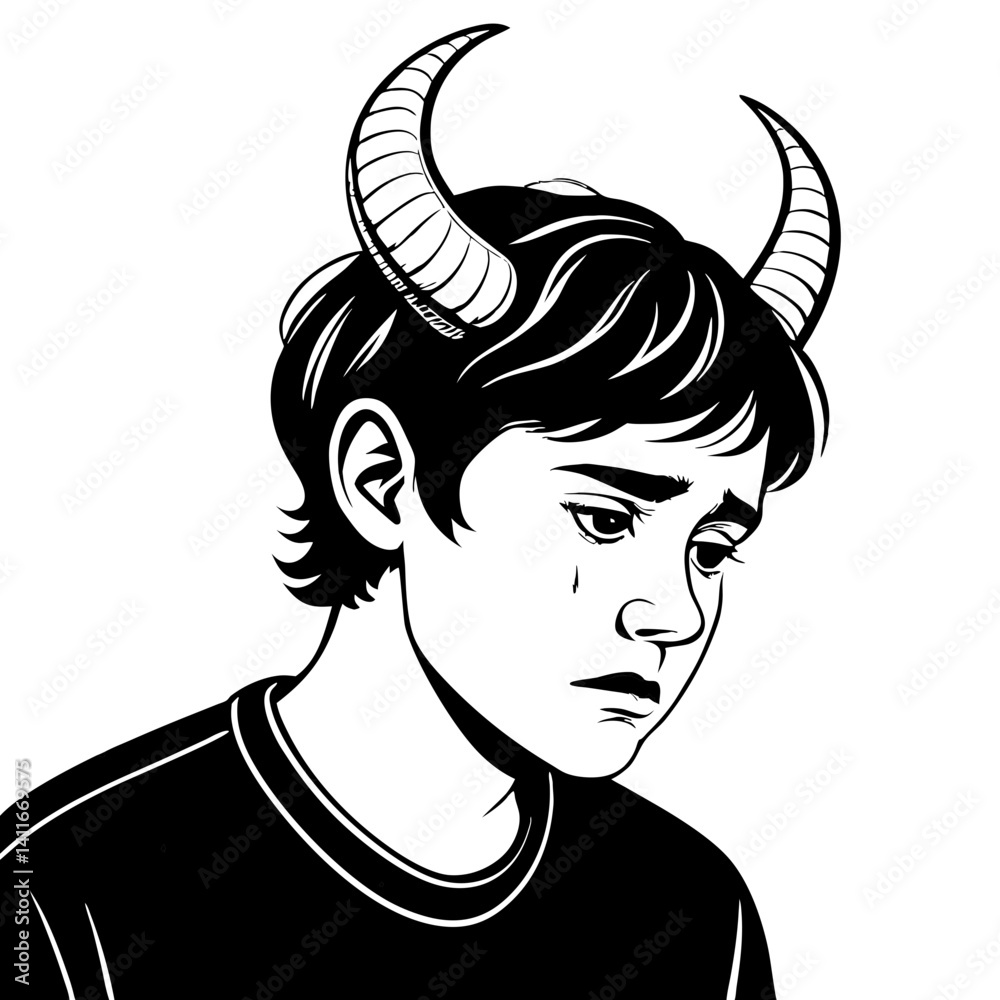Sad Boy with Horns Illustrating Inner Struggles and Emotions for Unique ...