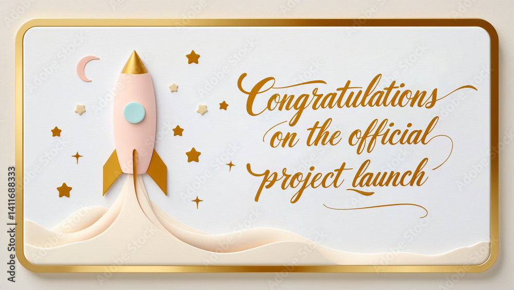 Project Launch congratulations card with pink rocket with stars on the ...