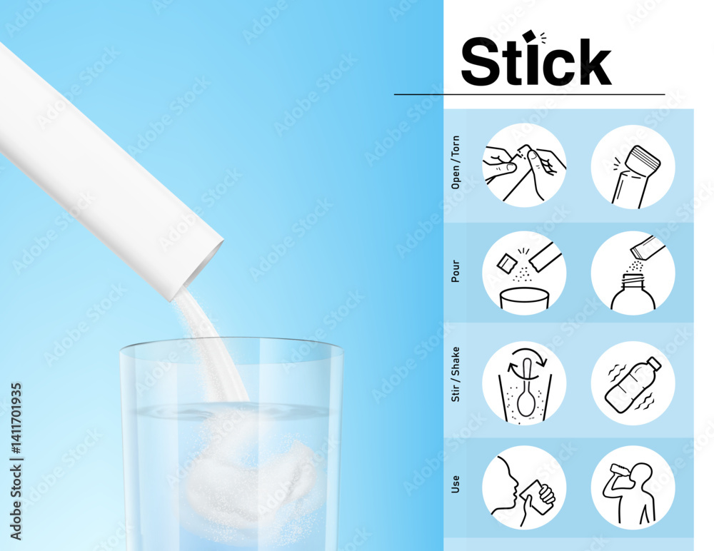Stick pack pouring powder product in clear glass with liquid mockup ...