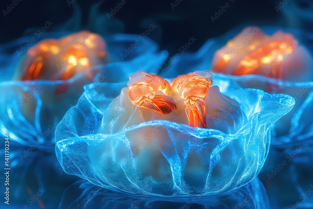 X-ray style visualization of dim sum dumpling, transparent wrapper ...