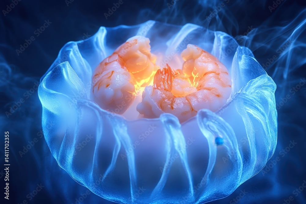X-ray style visualization of dim sum dumpling, transparent wrapper ...