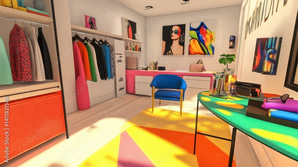 Playful and cute dressing room with colorful accents, quirky wall art ...