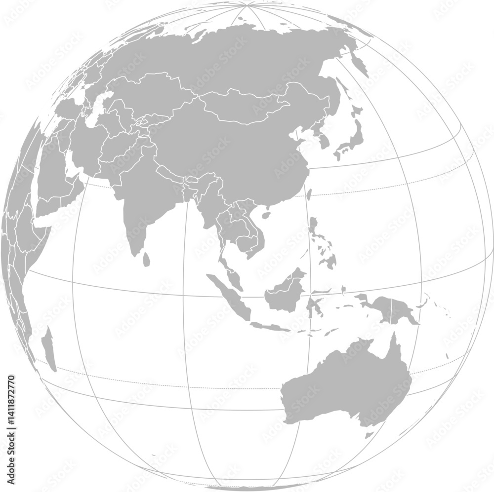 World vector map with country boundaries and graticules (Southeast Asia ...