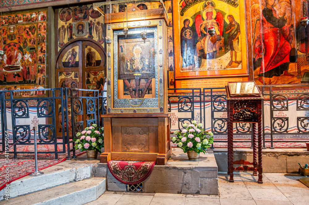 Interior of the orthodox St. Sophia Cathedral. Iconostasis with ancient icons and altar part of ...