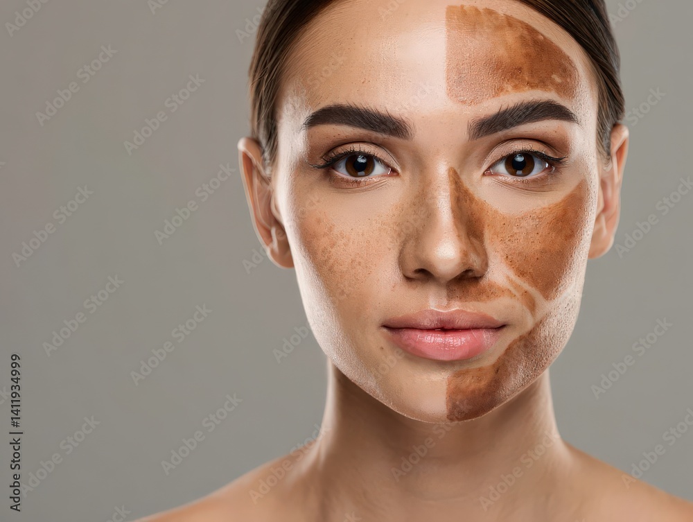 Split face of woman showing melasma spots on one side and clear glowing ...