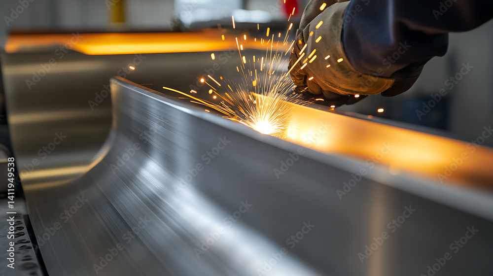 Sheet metal worker welding stainless steel components in a workshop ...