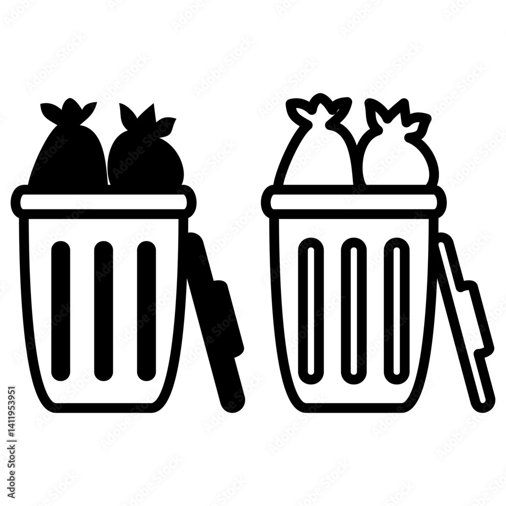 trash can icon with trash bag, simple flat style, illustration, logo ...
