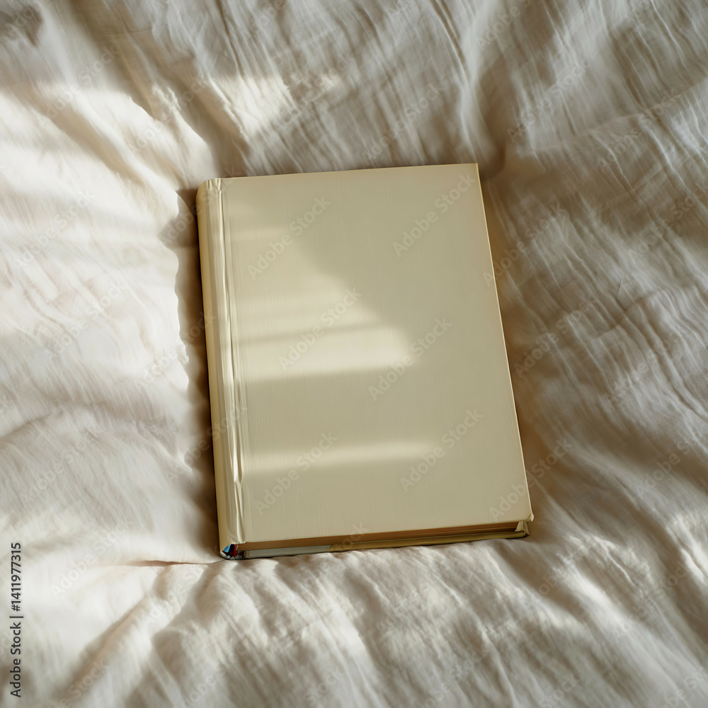 Hardcover book lying on wrinkled linen fabric, captured top-down in ...
