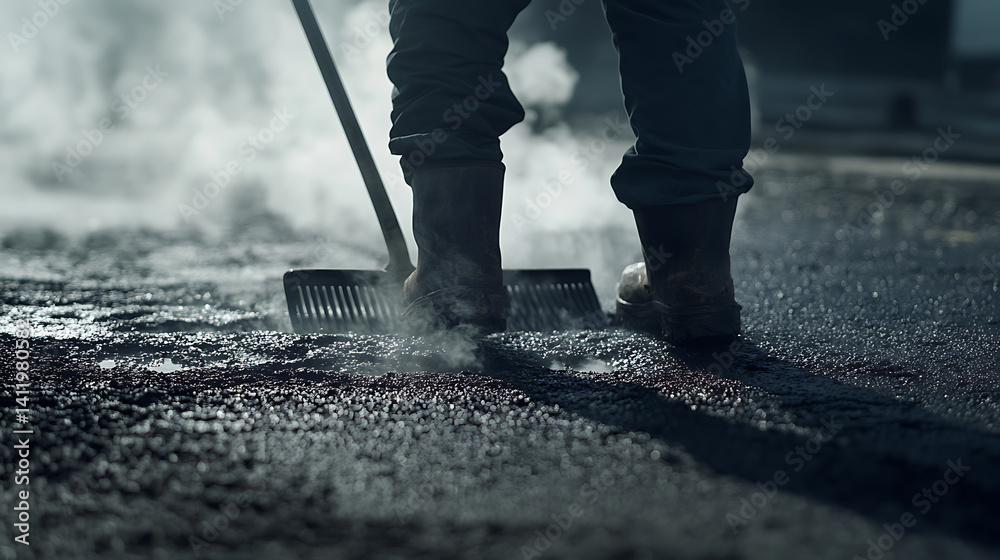 Asphalt worker leveling hot tar for a new road surface. Durability and ...