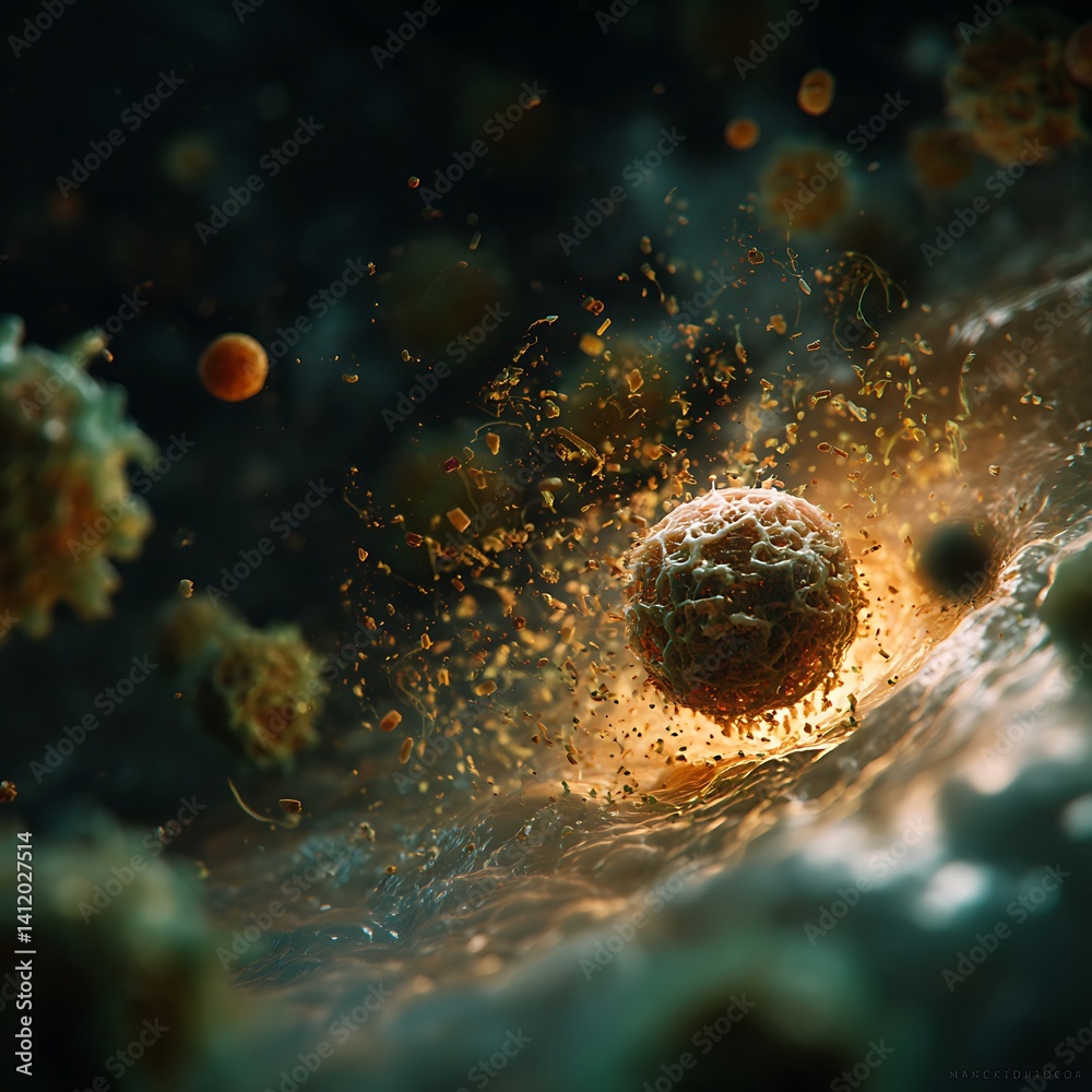apoptosis of a cancer cell, cell disintegrating, realistic biological ...