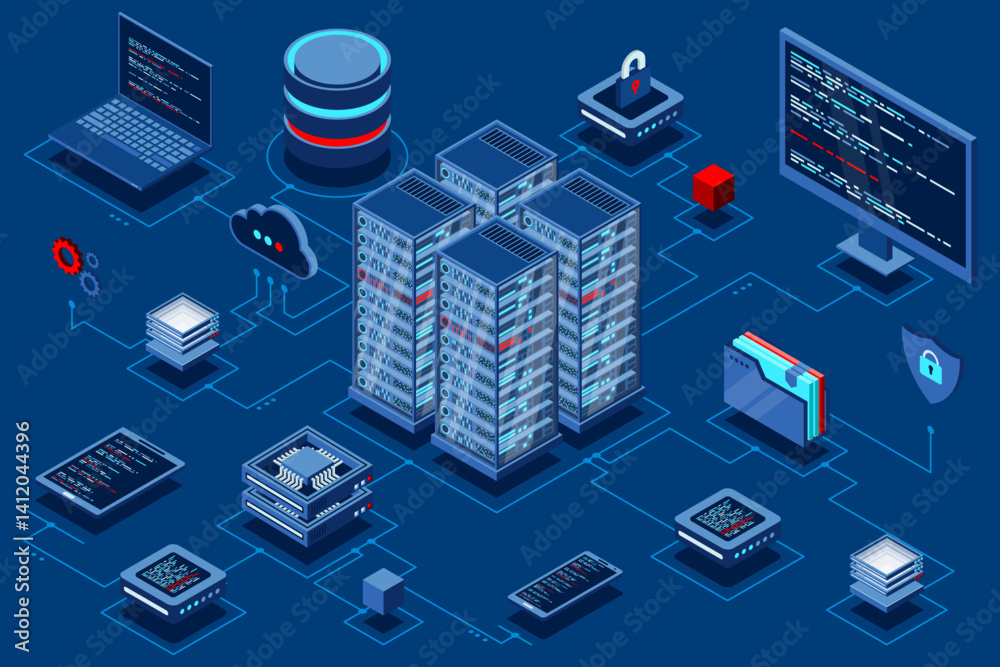 Computation of big data center. Cloud computing. Online devices upload ...