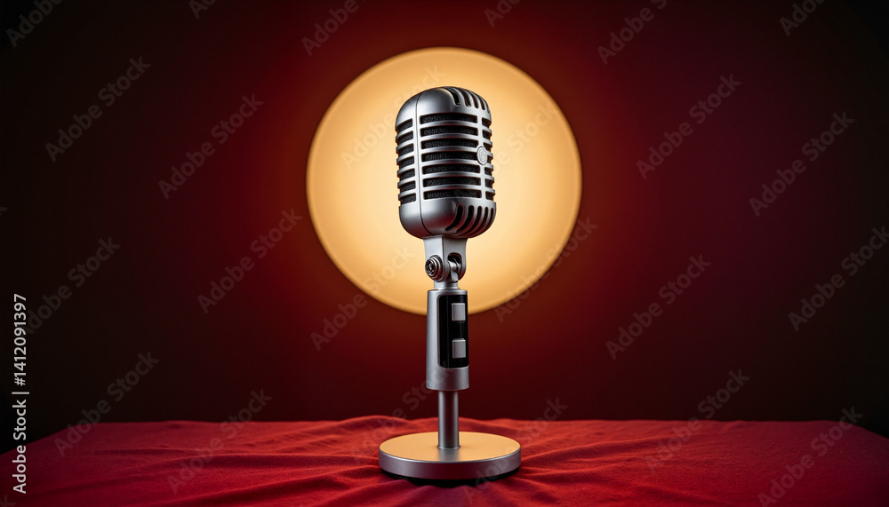 Single chrome retro microphone standing on a dark red velvet table with ...
