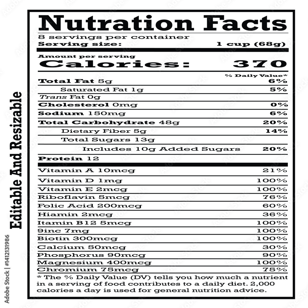 Food Label With Nutrition Facts Calorie And Nutrient Information