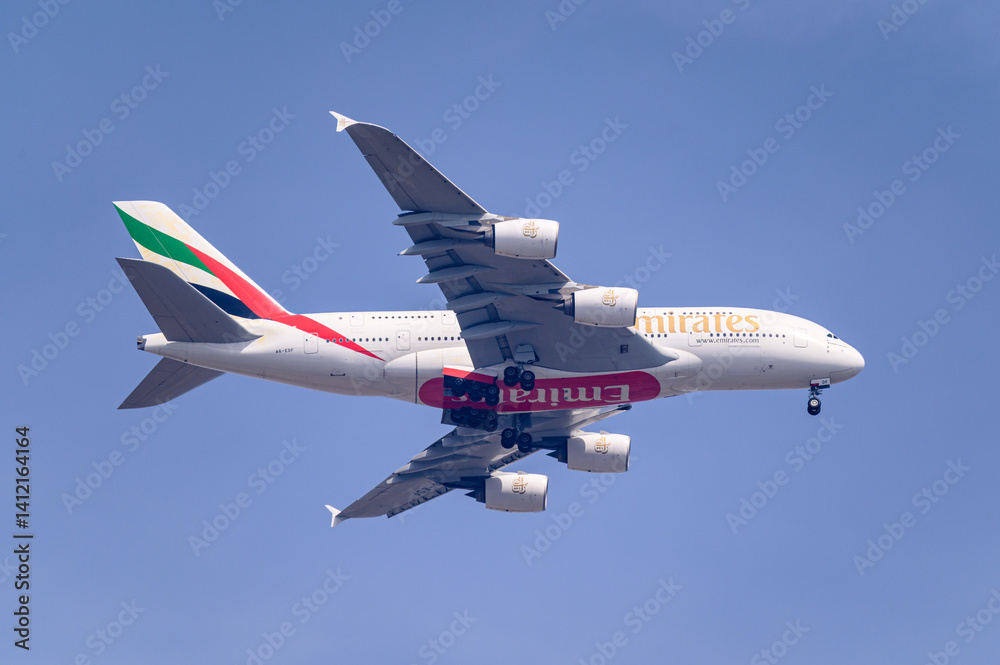 Vienna, Austria - April 14, 2025: Emirates Airbus A380 with landing ...