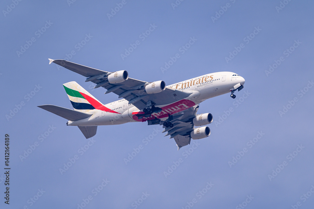 Vienna, Austria - April 14, 2025: Emirates Airbus A380 with landing ...