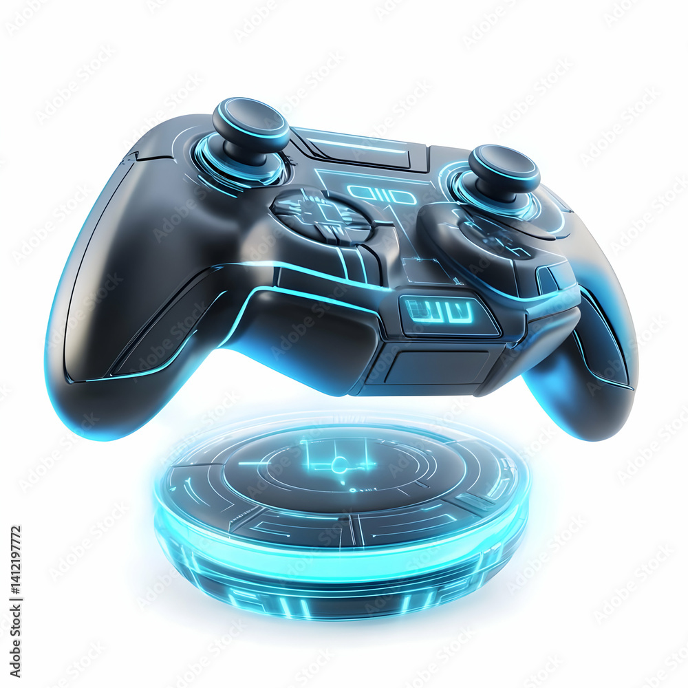 Futuristic Black Gaming Controller Illuminated with Neon Blue Lights ...