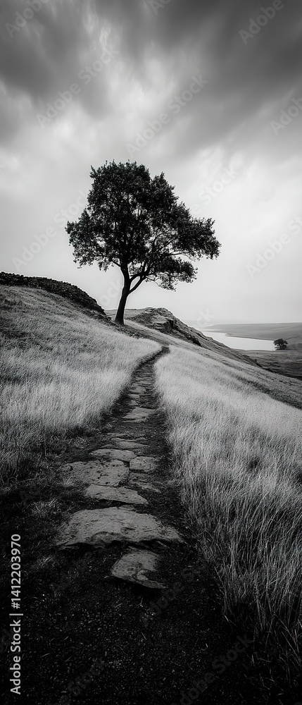 Solitary tree on a hill with a path in a grayscale landscape. Stock ...