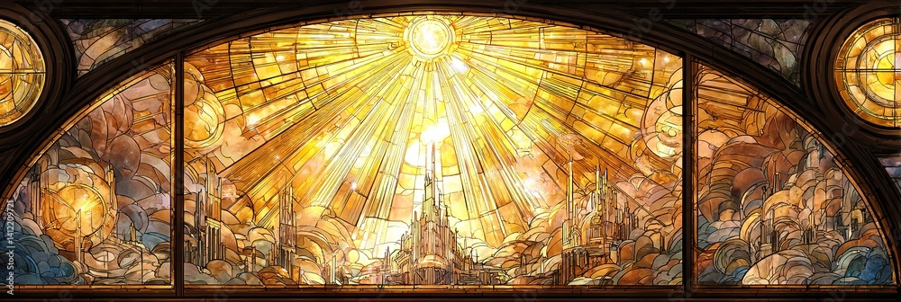 Stained glass window featuring a figure with radiant light in an arch ...