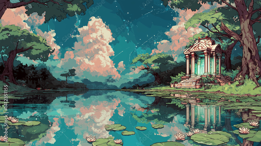 Enchanted Lake Shrine - A serene lake reflecting the stars, with ...