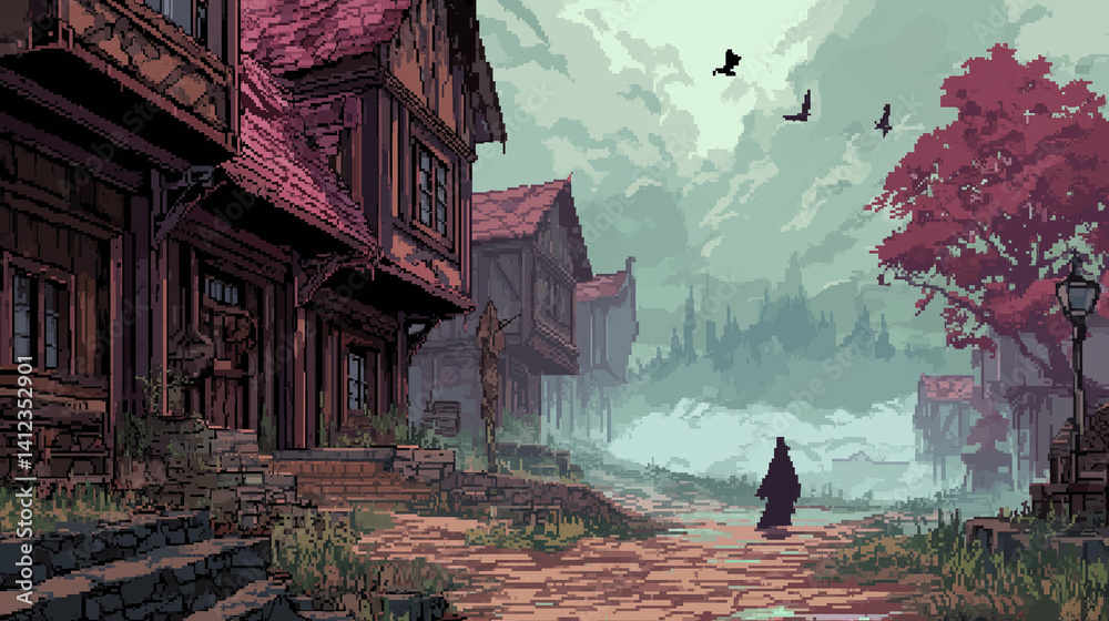 Cursed Village - Dim, foggy pixel town with tilted homes and mysterious ...