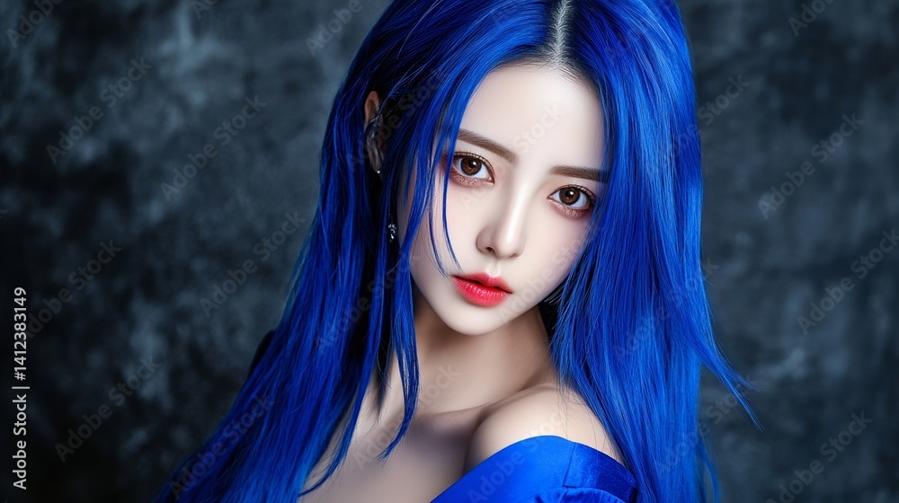 On a studio background, a beautiful woman with long blue hair is ...