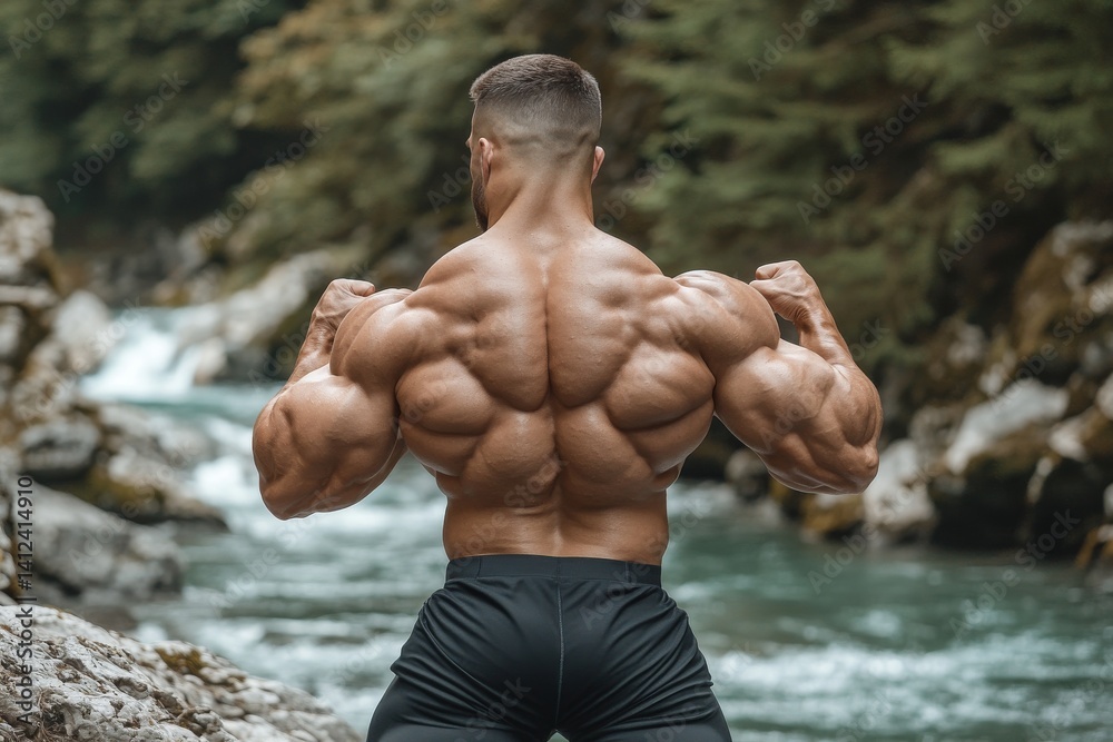 A bald-headed Japanese bodybuilder is posing at the river to show his ...