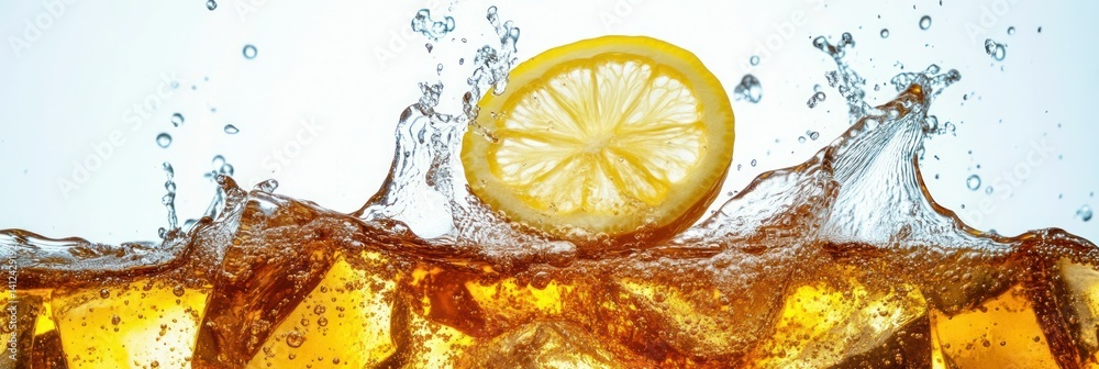 Refreshing ice tea explosion with lemon slice, captured in a vibrant ...