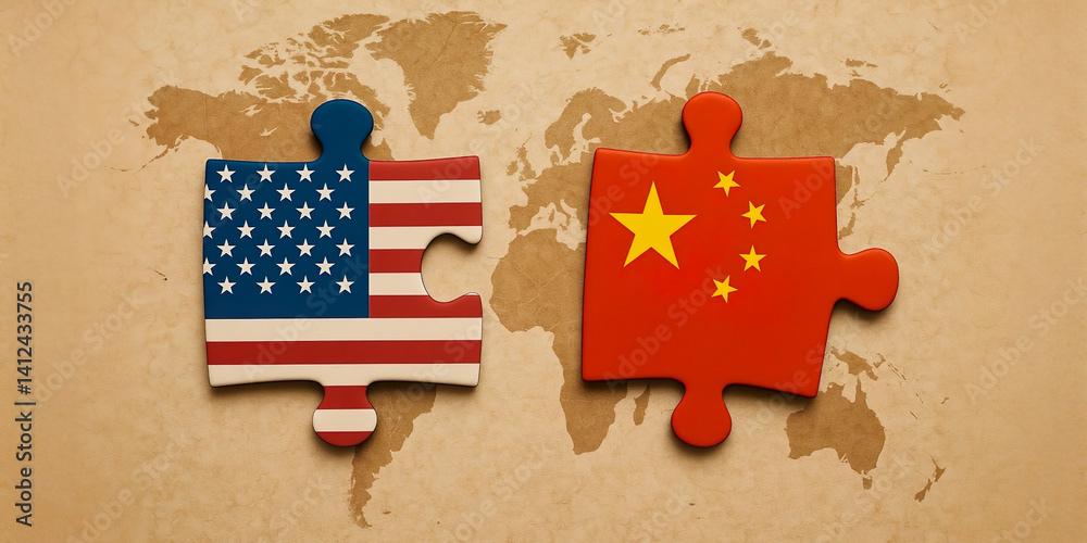 puzzle piece featuring American flag and another with Chinese flag ...