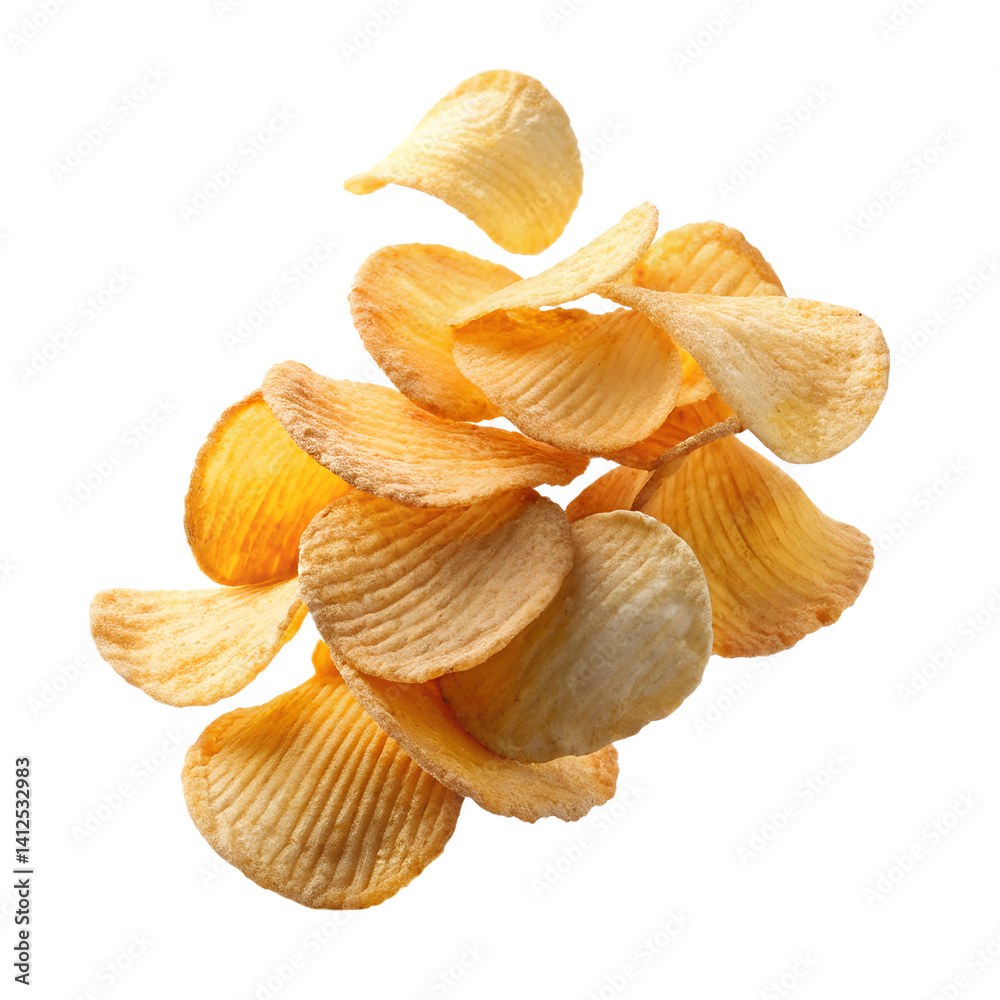 Foto de Stock Crispy potato chips falling in the air with golden ...