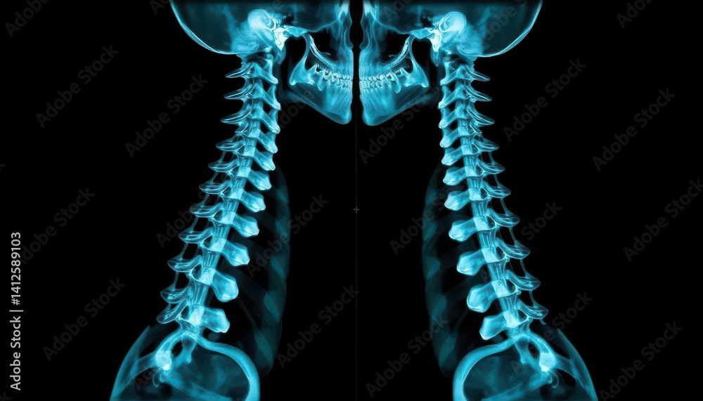Lateral spine X-ray reveals significant scoliotic curvature, vertebral ...