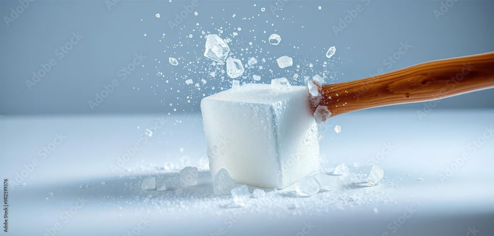 High-speed photo of sugar cube shattering under hammer blow on plain ...