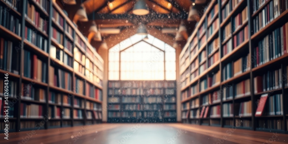 Serene library, softly glowing dust motes blurring background, gentle ...