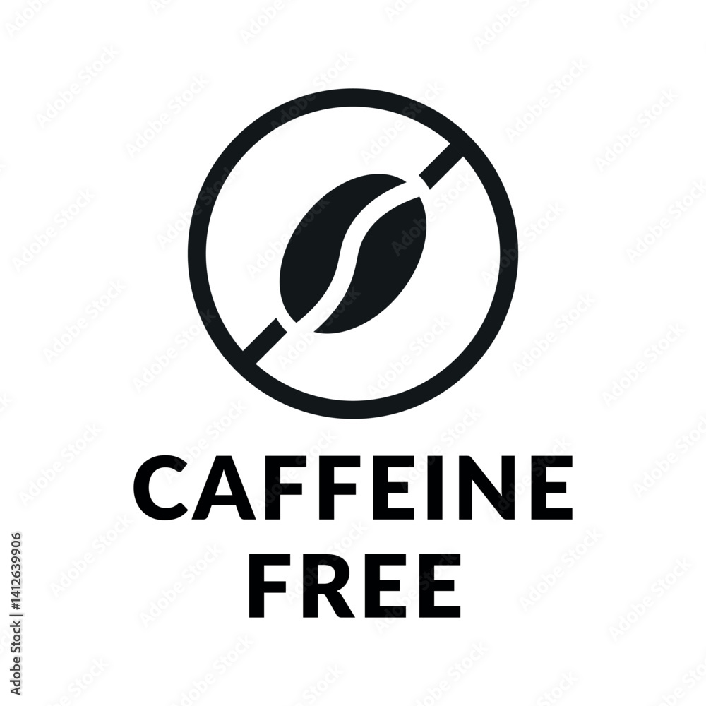 Caffeine Free Vector Flat Label Design on White Background. Coffee Bean ...