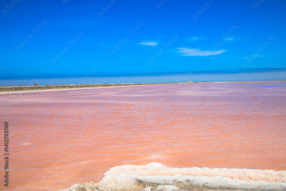 Sea salt production. Pink lake for water evaporation in Walvis Bay. The ...