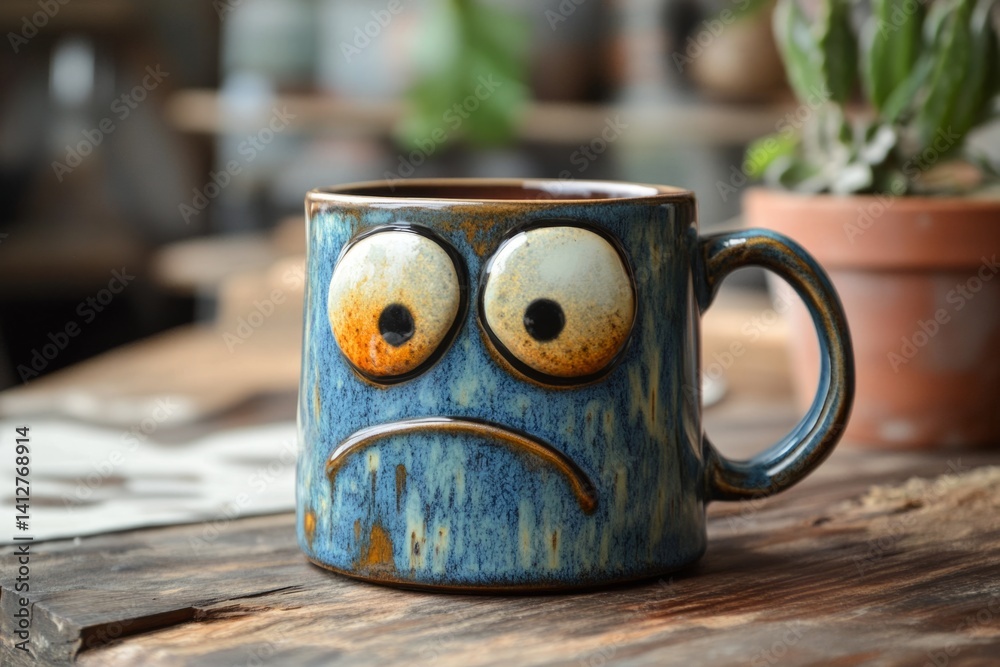 Blue handmade ceramic mug with a sad face is sitting on a wooden table ...