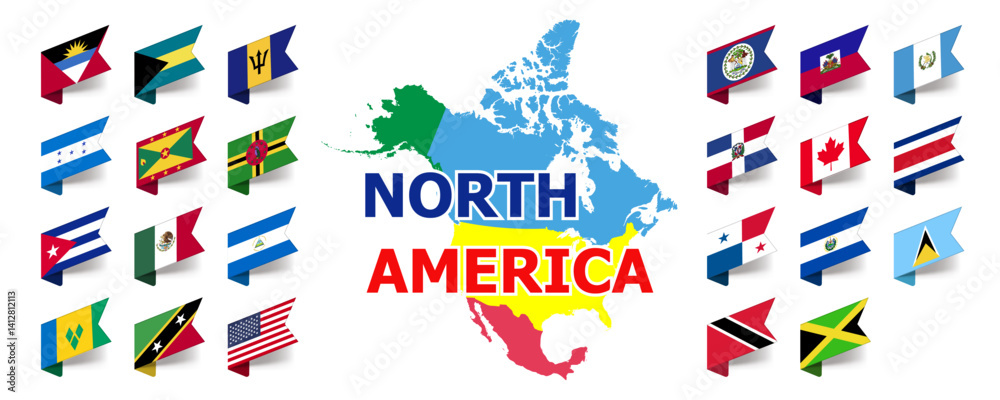 North and Central American flag set. Complete collection of flags of ...