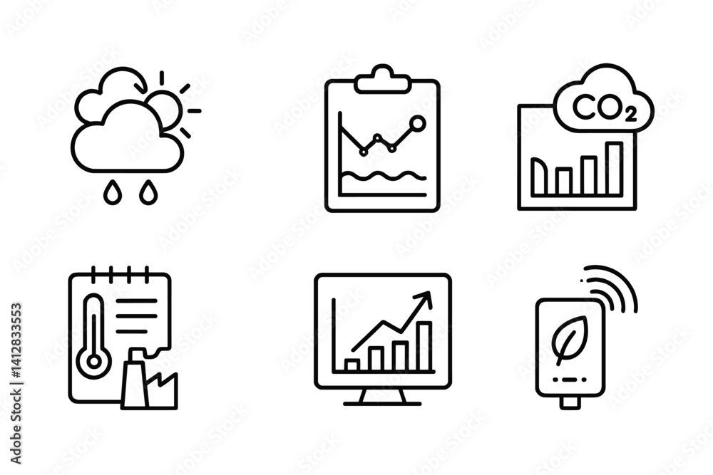 outline vector icons of environmental data: weather data, air quality ...