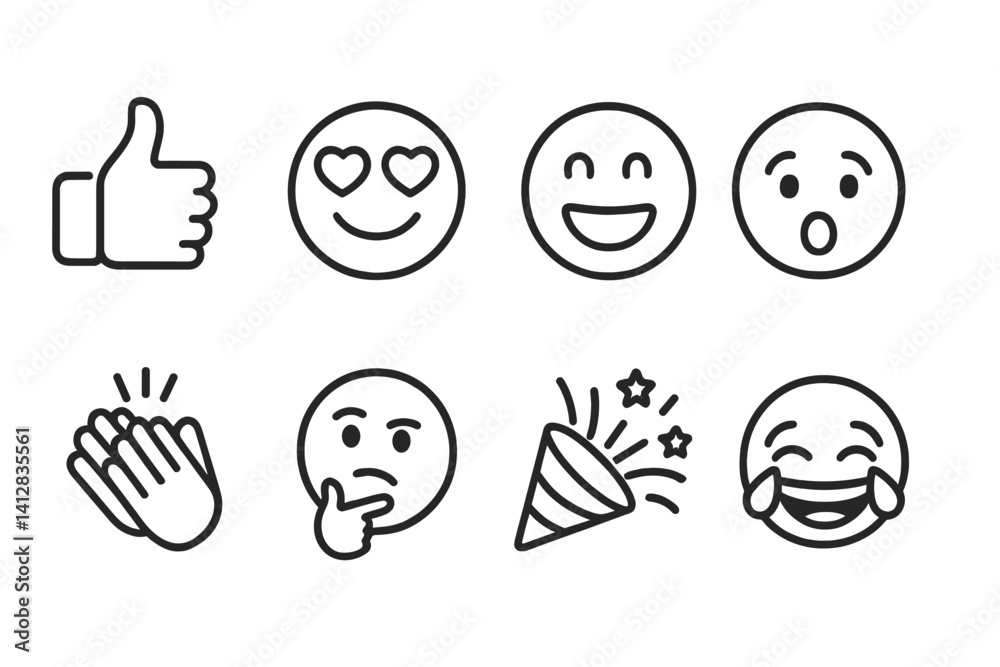 outline vector icons of emoji reactions: thumbs up emoji, heart face ...